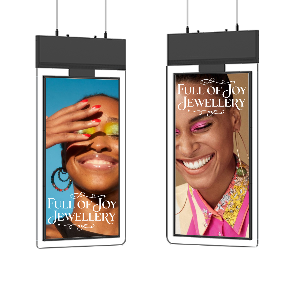 Double sided tempered glass ceiling display